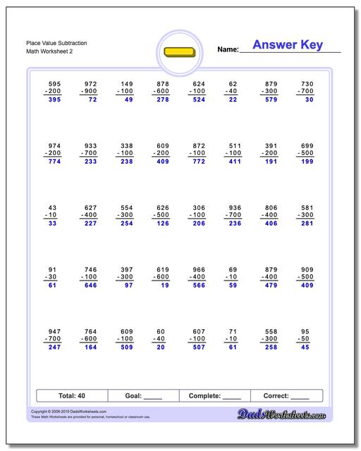 Place Value Subtraction Worksheets