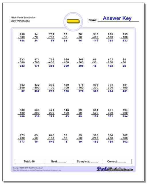 Place Value Subtraction Worksheets