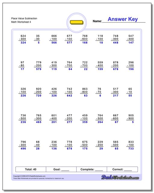 Place Value Subtraction Worksheets