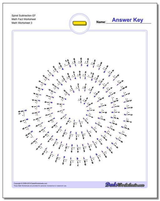 Subtraction Worksheets: Spiral Subtraction Facts