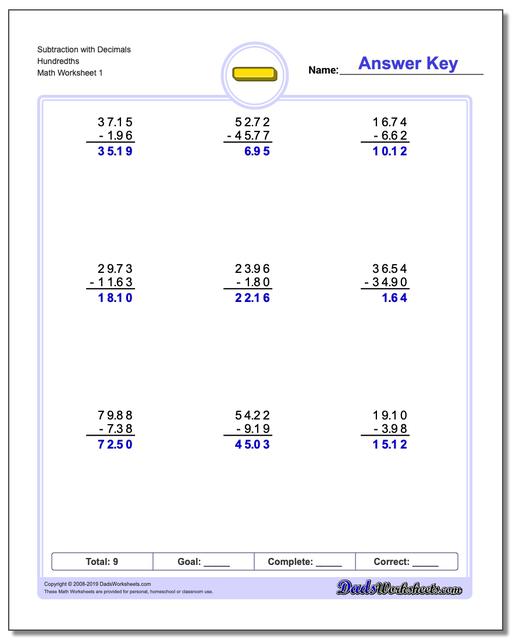 Subtraction Worksheets: Subtraction with Decimals