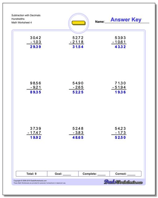 Subtraction Worksheets: Subtraction with Decimals