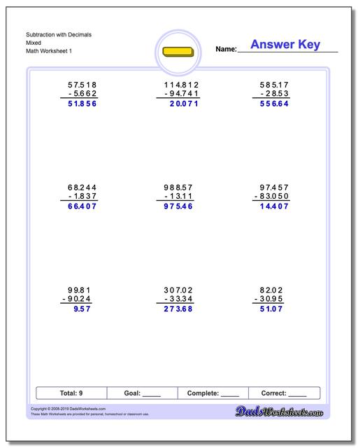 Subtraction Worksheets: Subtraction with Decimals