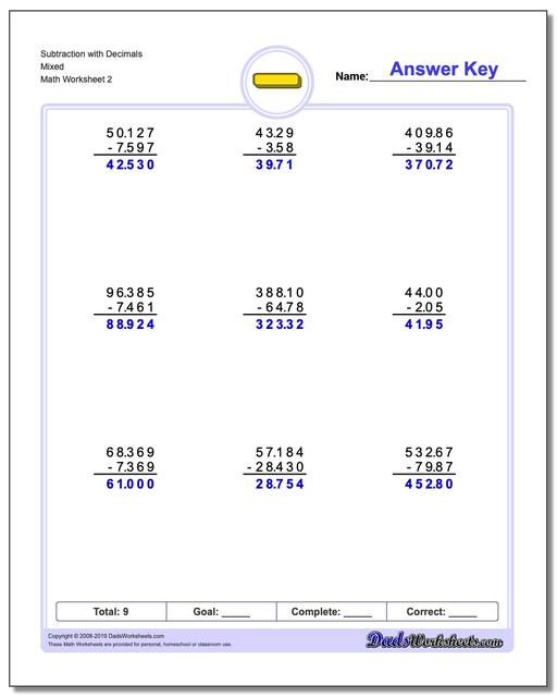 Subtraction Worksheets: Subtraction with Decimals