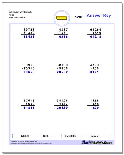 Subtraction Worksheets: Subtraction with Decimals