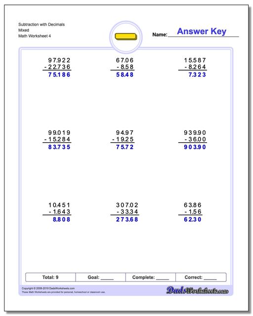 Subtraction Worksheets: Subtraction with Decimals