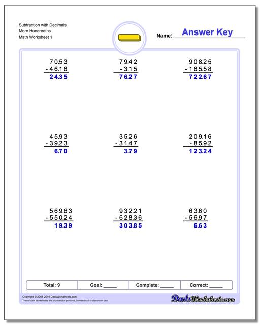 Subtraction Worksheets: Subtraction with Decimals