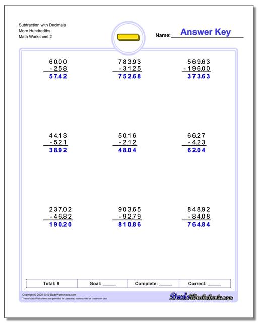 Subtraction Worksheets: Subtraction with Decimals