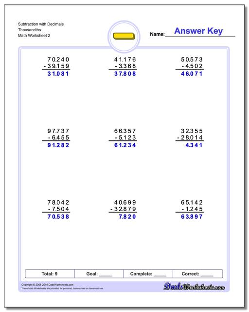 Subtraction Worksheets: Subtraction with Decimals