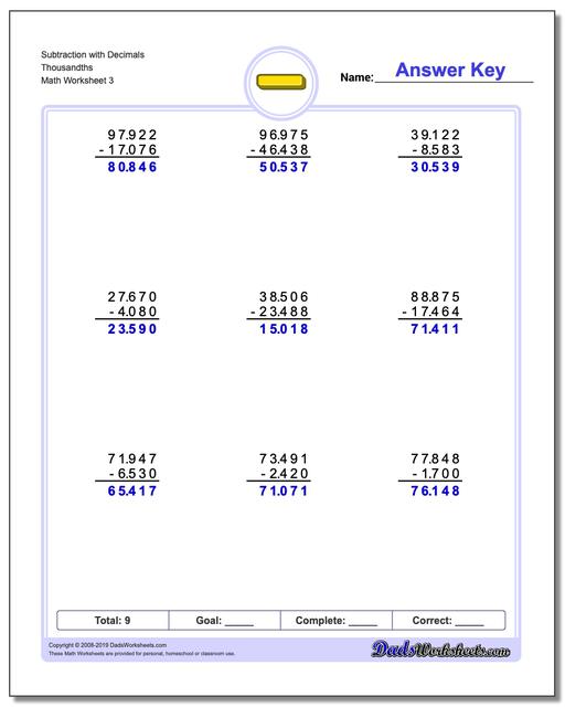 Subtraction Worksheets: Subtraction with Decimals