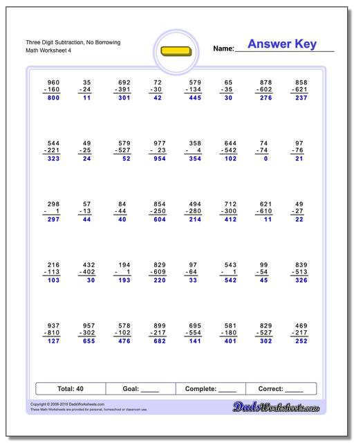 Subtraction Worksheets: No Borrowing