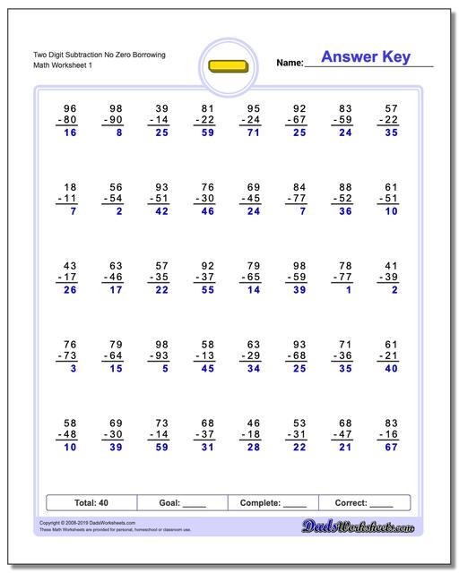 Math Worksheets Subtraction Subtraction Two Digit Subtraction No