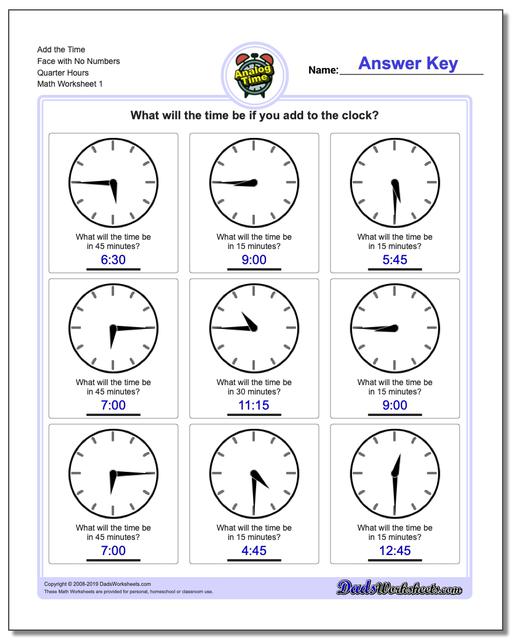 Telling Analog Time: Quarter Hour Time Addition
