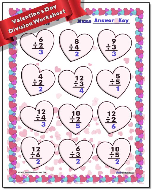 Math Worksheets: Valentine's Day: Valentine's Day Division Worksheets