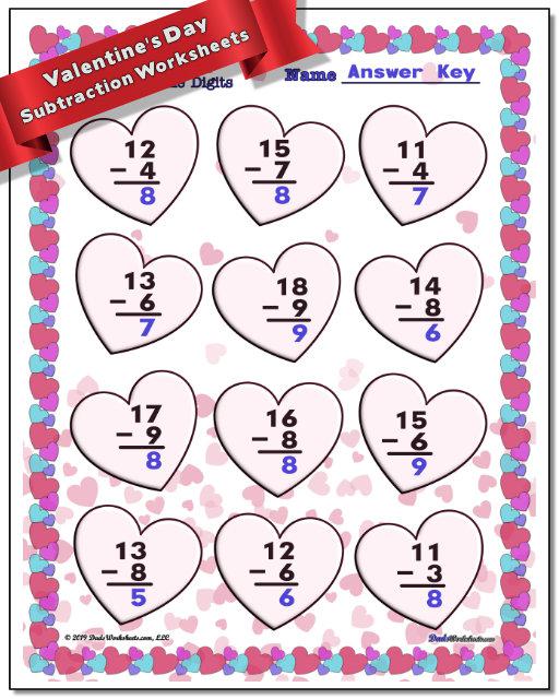 Math Worksheets: Valentine's Day: Valentine's Day Subtraction ...