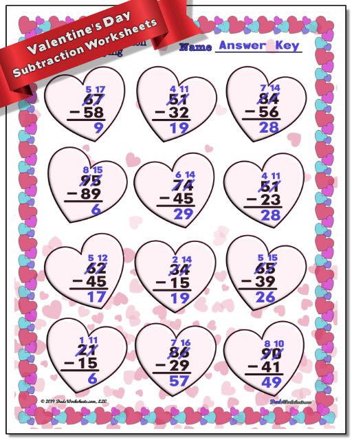 Math Worksheets: Valentine's Day: Valentine's Day Subtraction ...