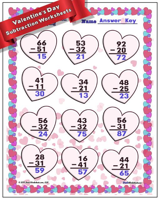 Math Worksheets: Valentine's Day: Valentine's Day Subtraction ...