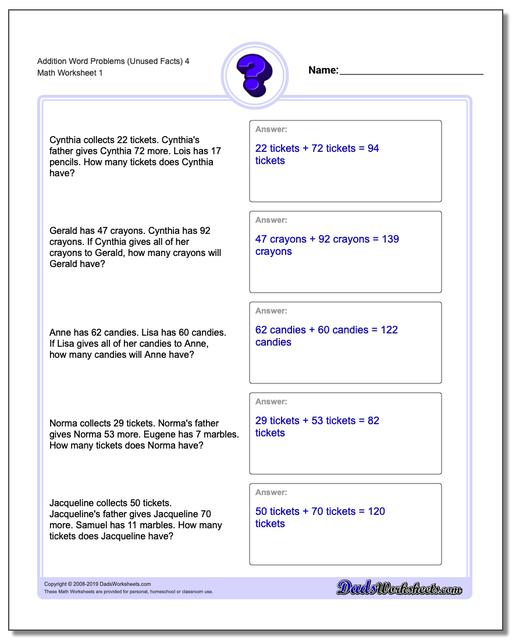 Word Problems: Extra Facts Addition Word Problems