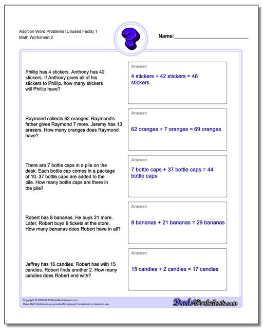 Word Problems: Extra Facts Addition Word Problems
