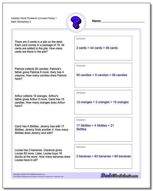 Word Problems: Extra Facts Addition Word Problems