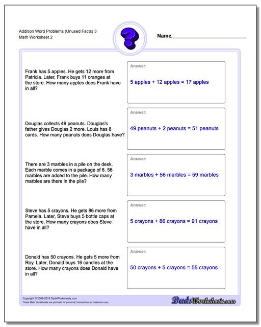 Word Problems: Extra Facts Addition Word Problems