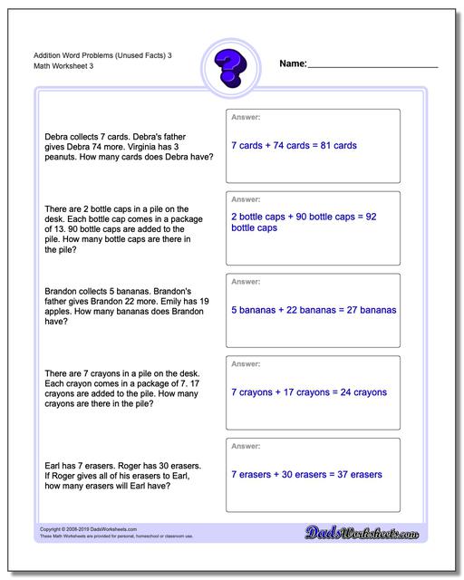 Word Problems: Extra Facts Addition Word Problems