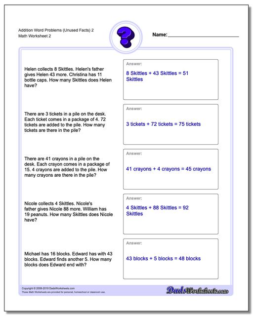 Word Problems: Extra Facts Addition Word Problems