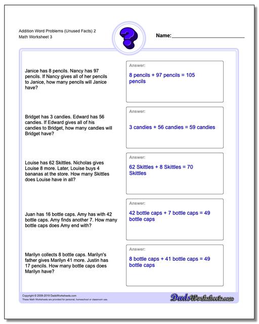 Word Problems: Extra Facts Addition Word Problems