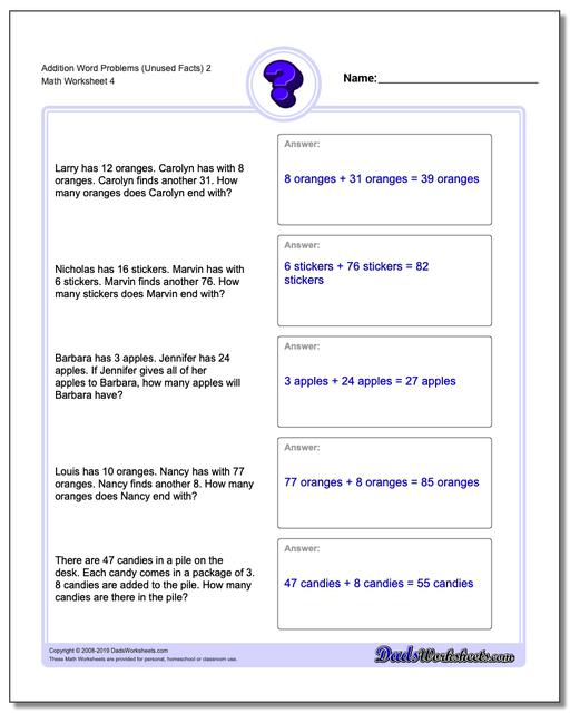 Word Problems: Extra Facts Addition Word Problems