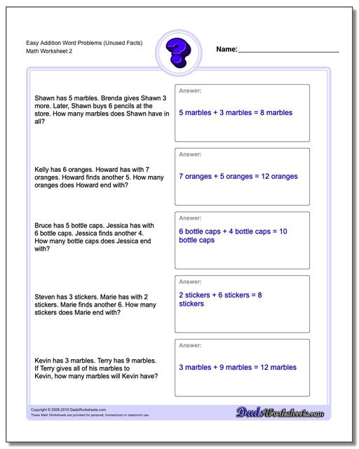 Word Problems: Extra Facts Addition Word Problems
