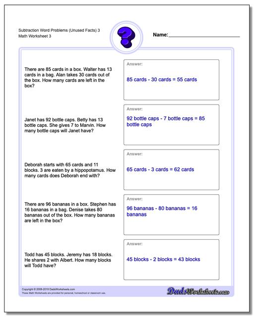 Word Problems: Extra Facts Subtraction Word Problems