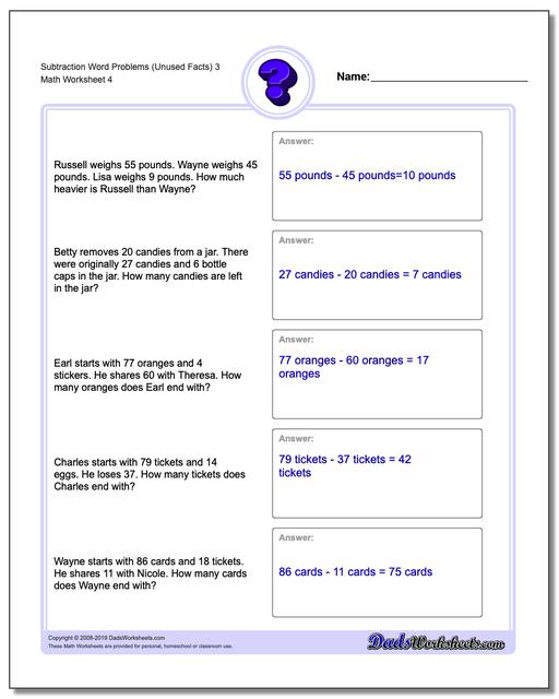 Word Problems: Extra Facts Subtraction Word Problems