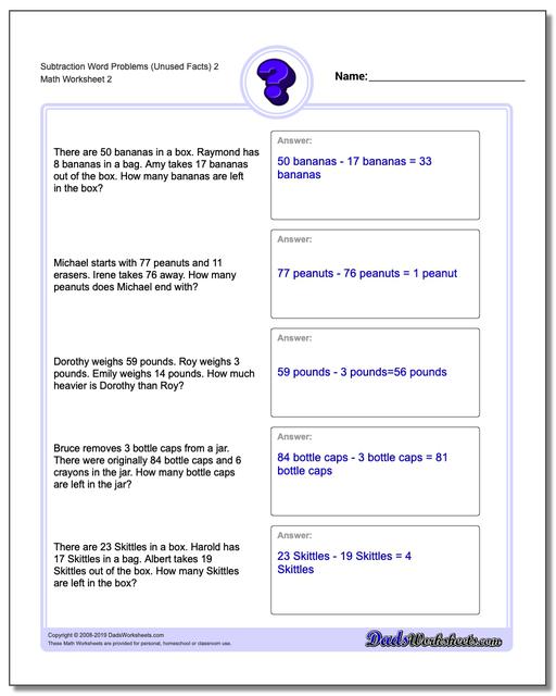 Word Problems: Extra Facts Subtraction Word Problems
