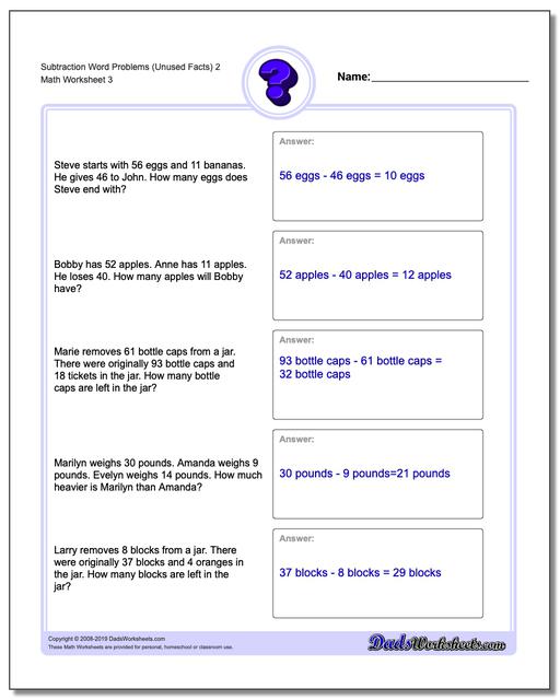 Word Problems: Extra Facts Subtraction Word Problems